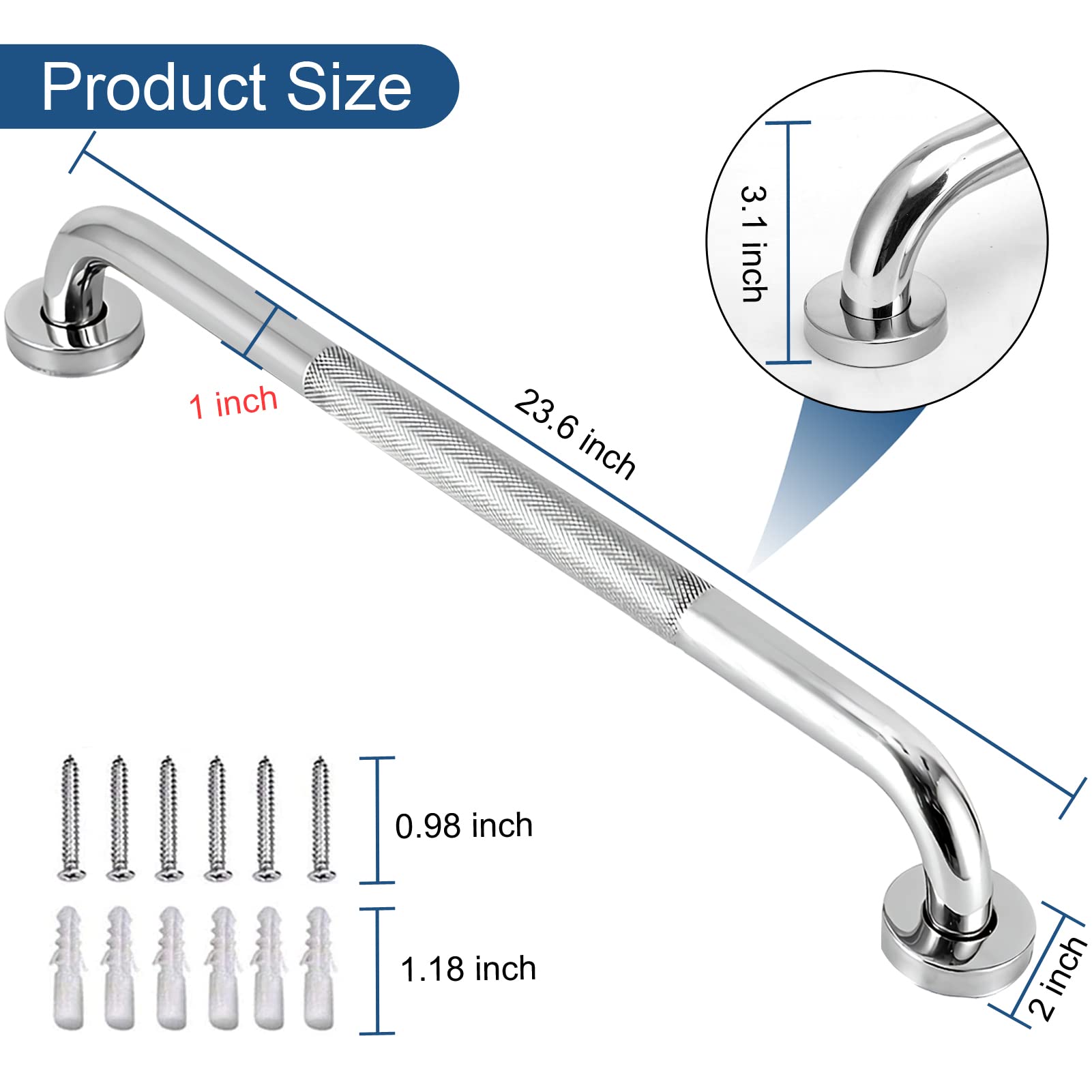 2 Pack 60cm Grab Bars for Elderly for Wall, Anti Slip Bathroom Grab ...
