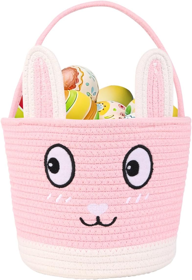 Amazon.com: Easter Basket for Kids - Cute Pink Bunny Woven Bag for ...