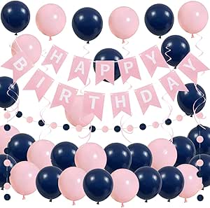 Amazon.com: Navy Blue and Pink Birthday Decorations with Light Pink Happy Birthday Banner, Navy ...