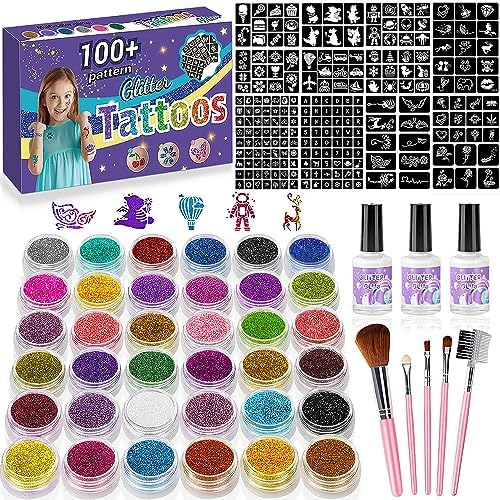 Temporary Glitter Tattoos Kit for Kids,36 Glitter Colors,222 Stencils,3 ...