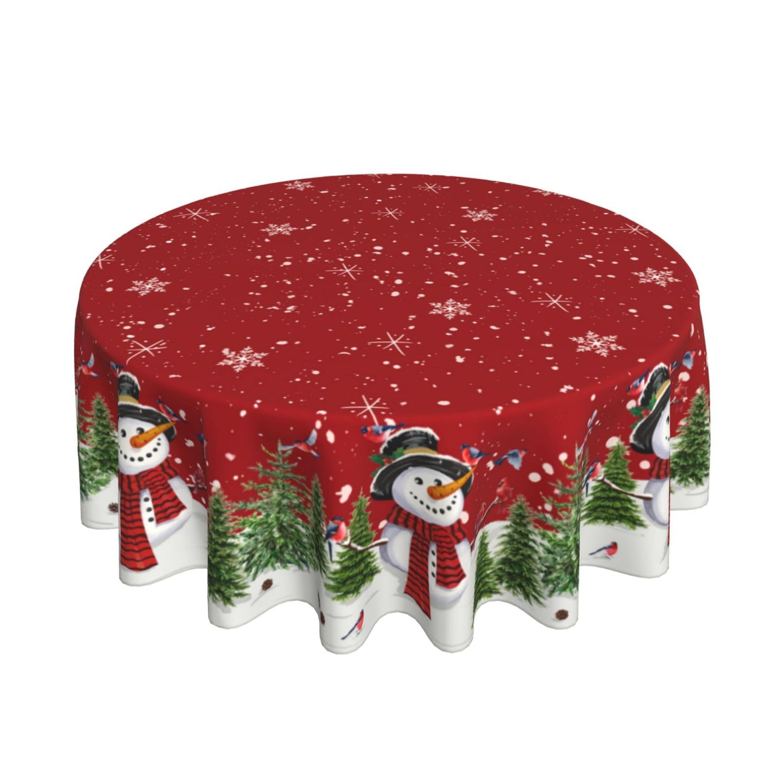 Red White Christmas Tablecloth Round 60 Inch Winter Snowman Green Trees ...