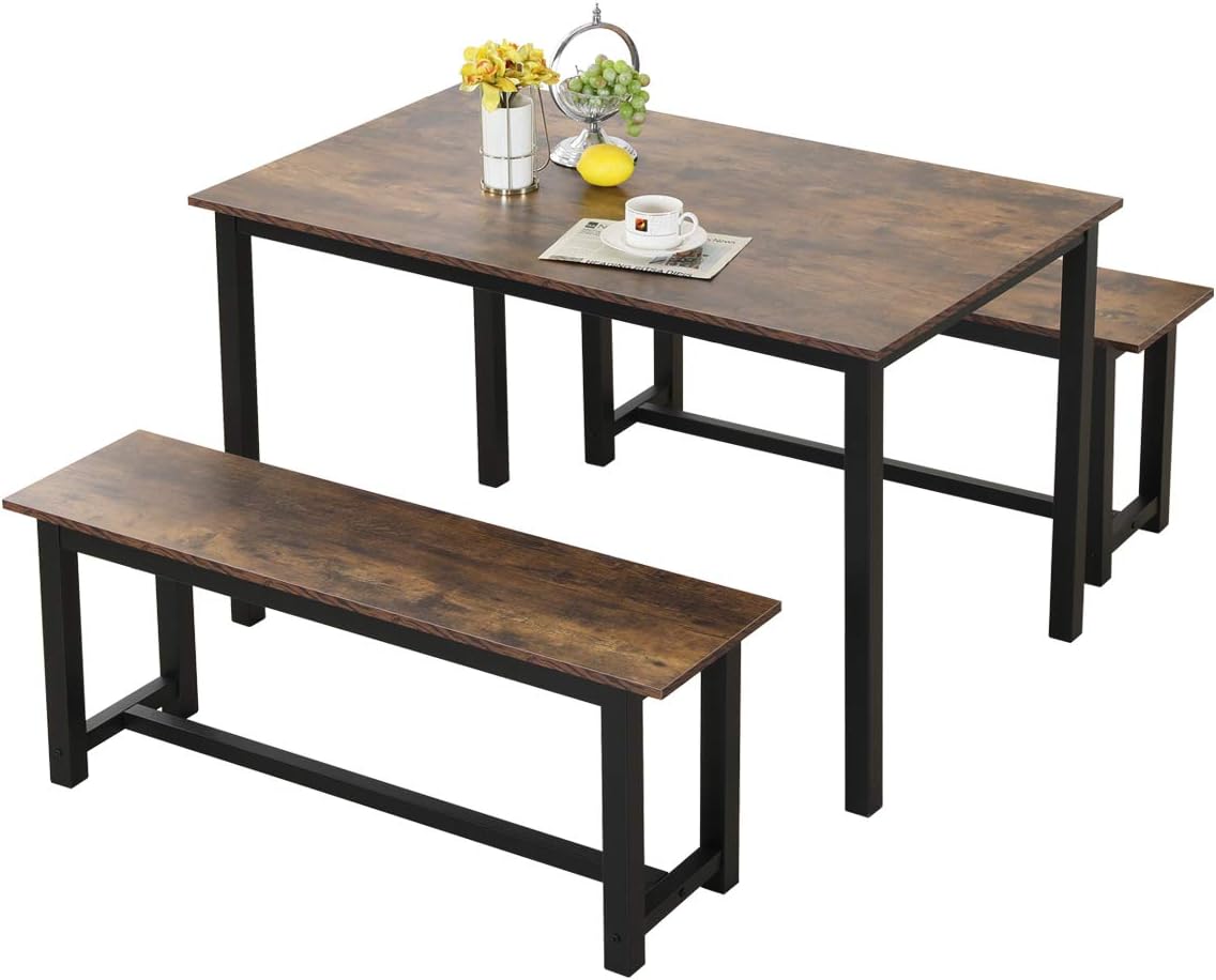 Buy CHIFONG Dining Table Set with 2 Benches. Wooden Top and Metal Frame ...