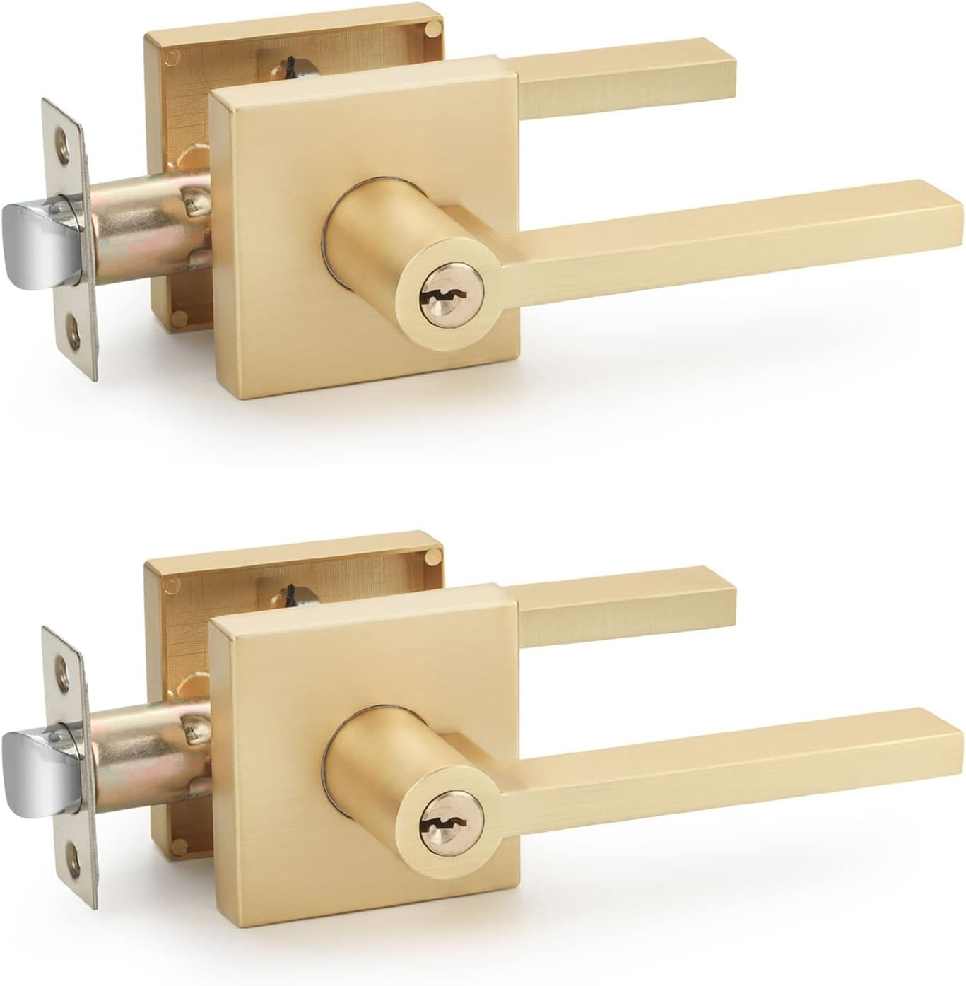 Amazon.com: EHOMEWARE 2 Pcs Satin Brass Door Handles, Interior/Exterior ...