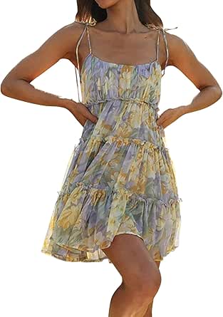 Floral Dress for Women Chiffon Short Mini Skater Dress Flowy Smocked ...
