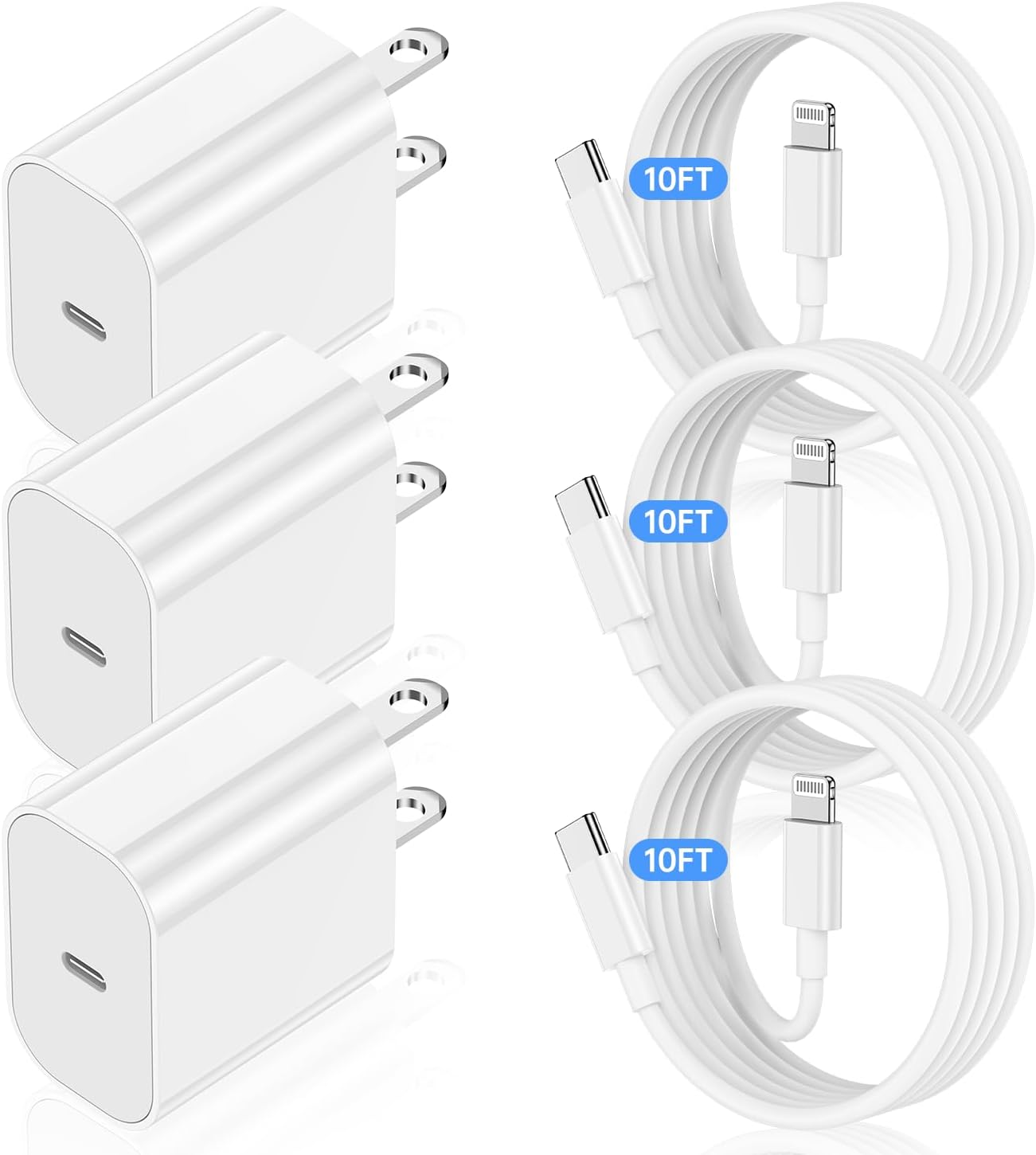 Amazon.com: 3Pack iPhone Fast Charger and 10ft Cable,[Apple MFi ...