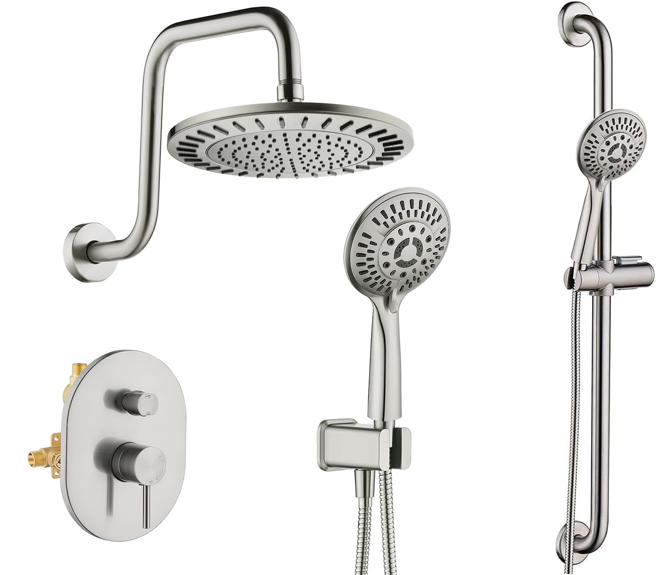 BRIGHT SHOWERS Rain Shower Head System with Stainless Steel Grab Bar ...