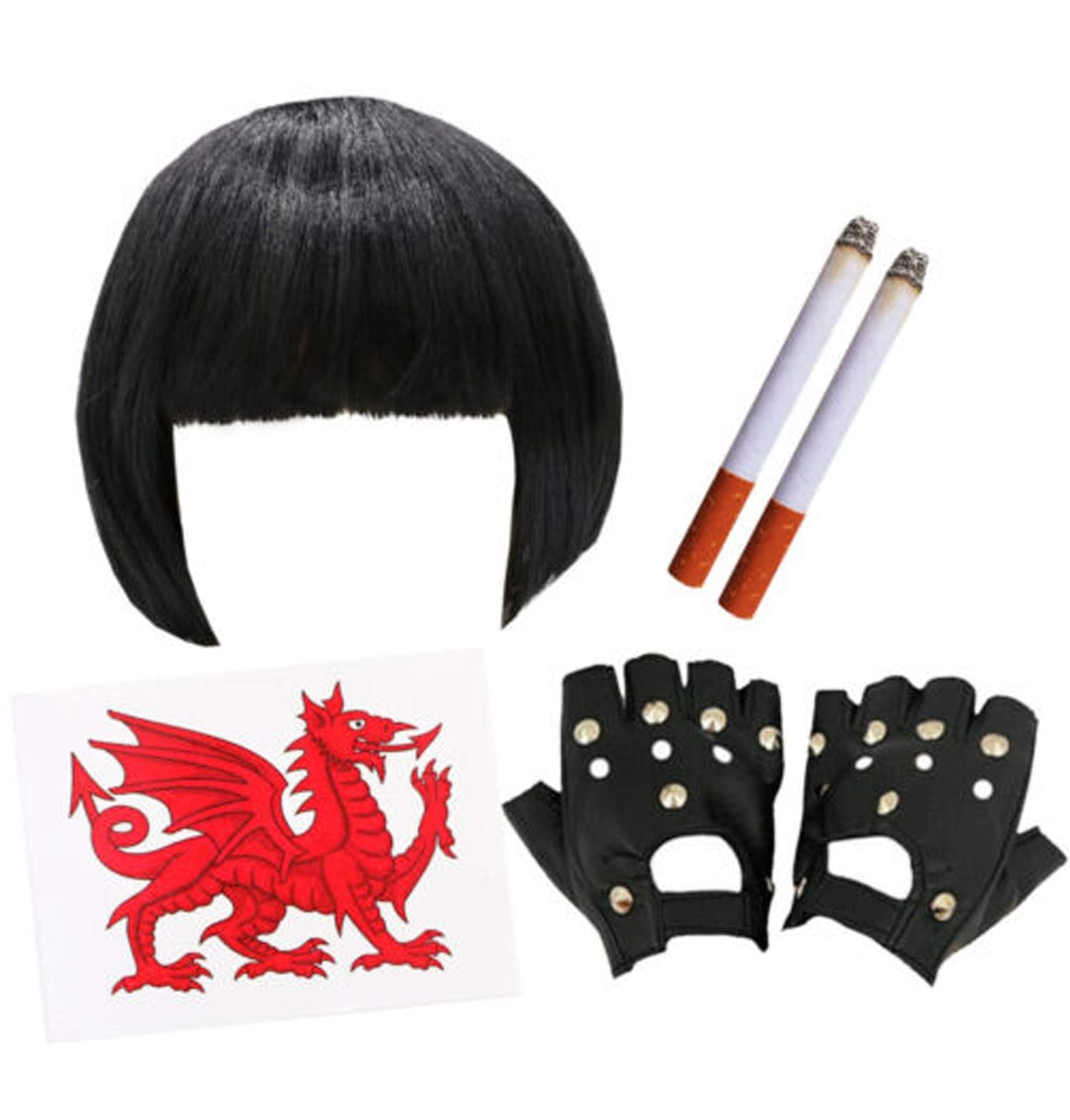 Welsh TV Character Costume - Black Bob Wig, Welsh Dragon Tattoo, Black ...