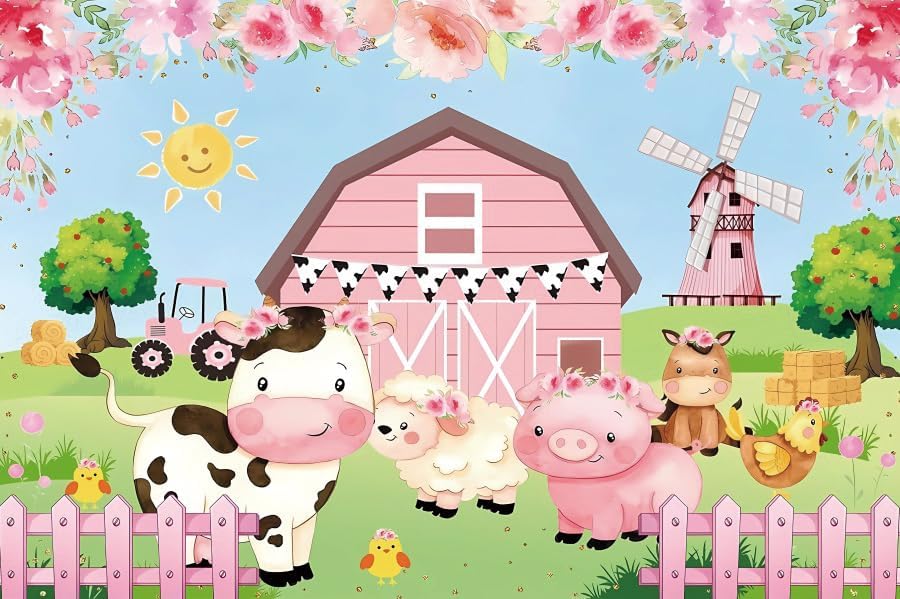 Amazon.com : 7x5ft Farm Animals Backdrop Cartoon Pink Barn Door ...
