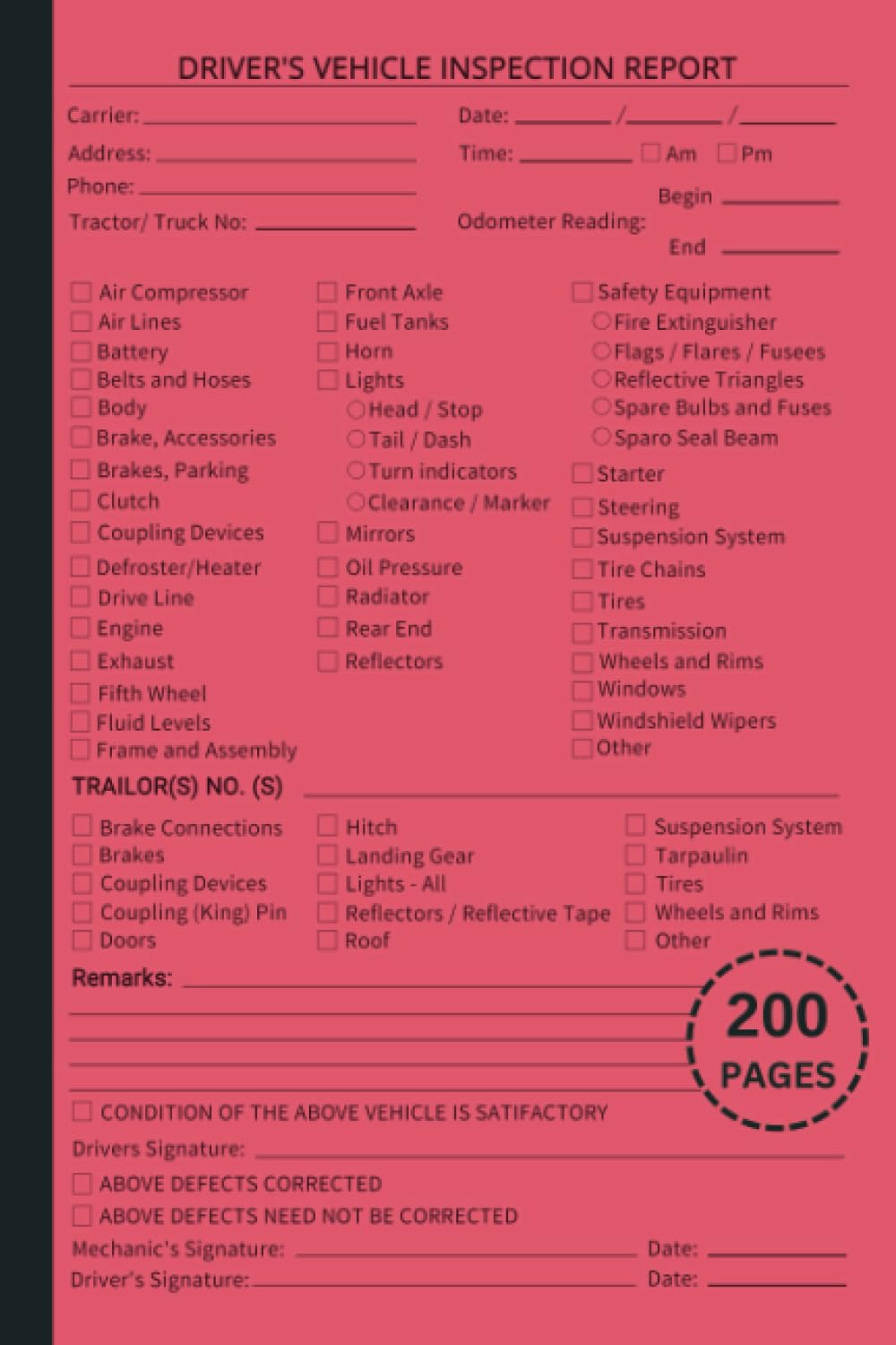 Driver's Vehicle Inspection Report Book: Detailed Pre Trip Inspection ...