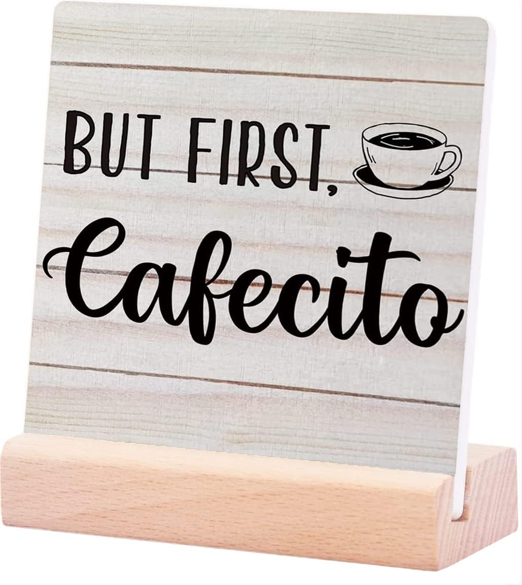 Amazon.com: Polilike But First Cafecito Ceramic Wood Tabletop Sign, 4 ...