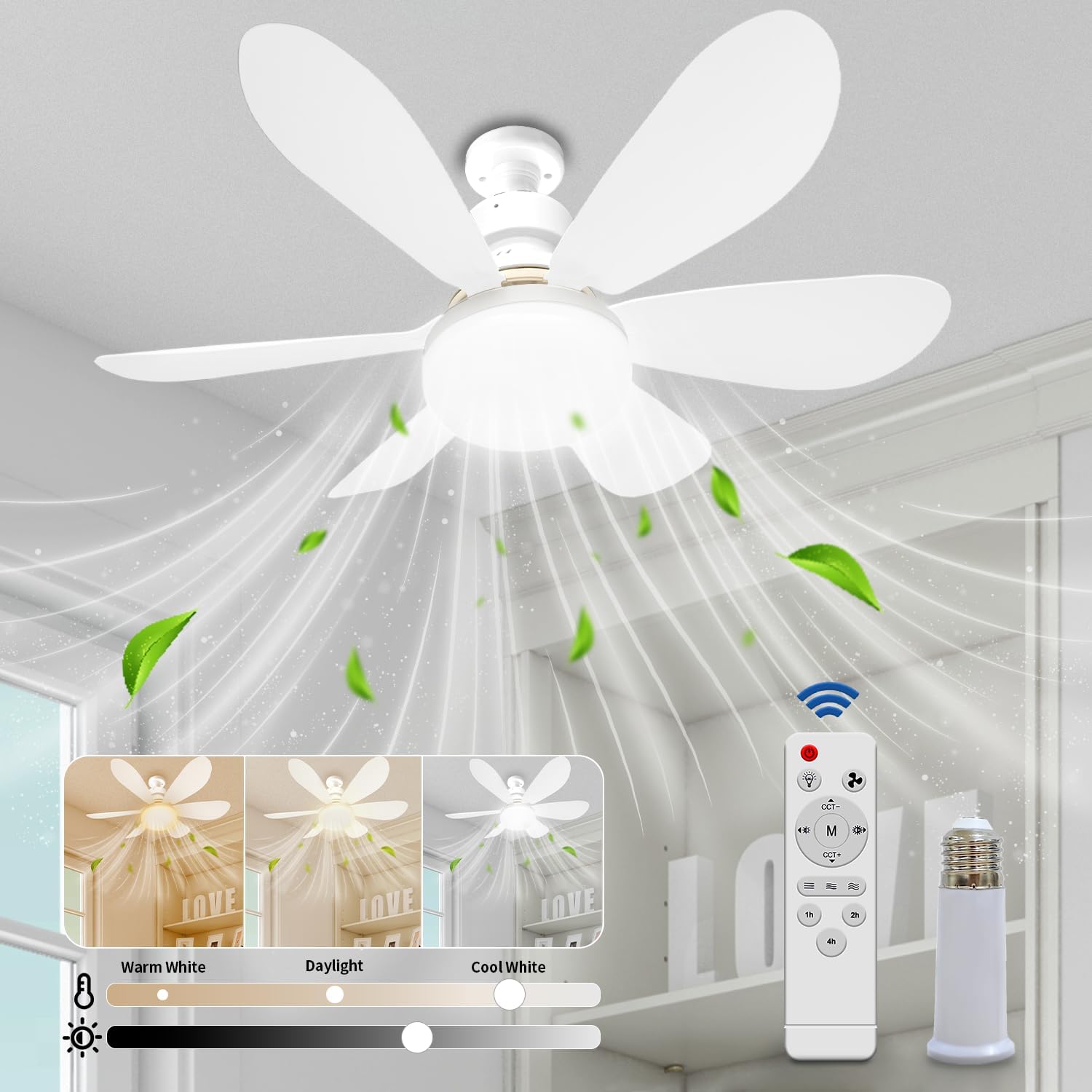 RIKOJUXI Socket Fan Light 19Inch, Dimmable Small Ceiling Fan with Light ...