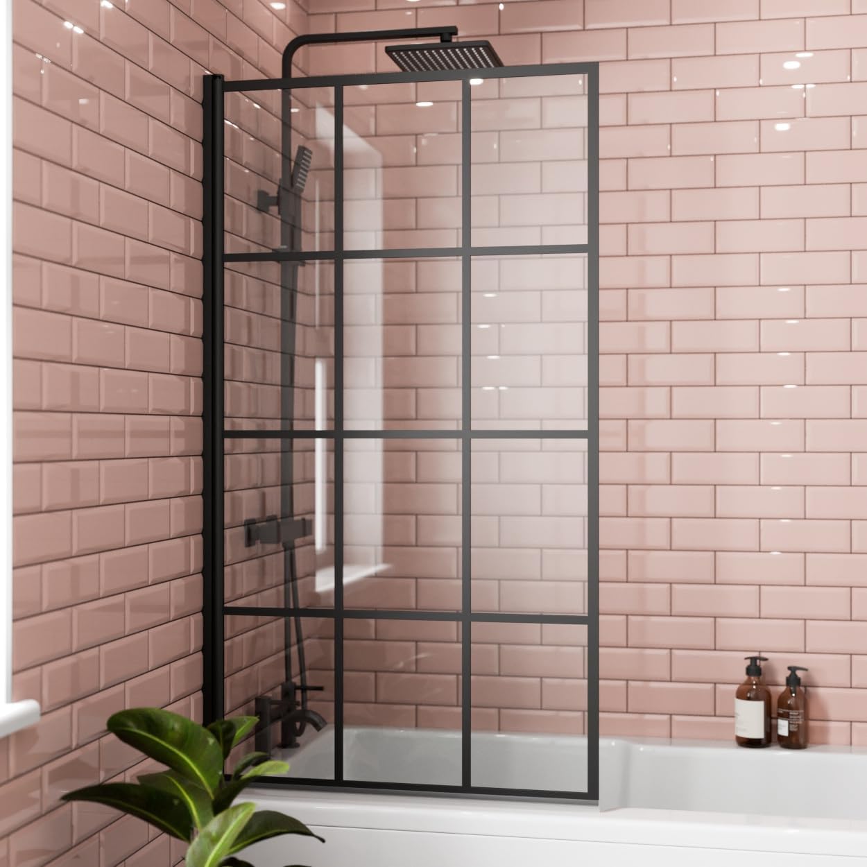 800 * 1400mm Over Bath Shower Screen Door Black Framed Square Grid ...