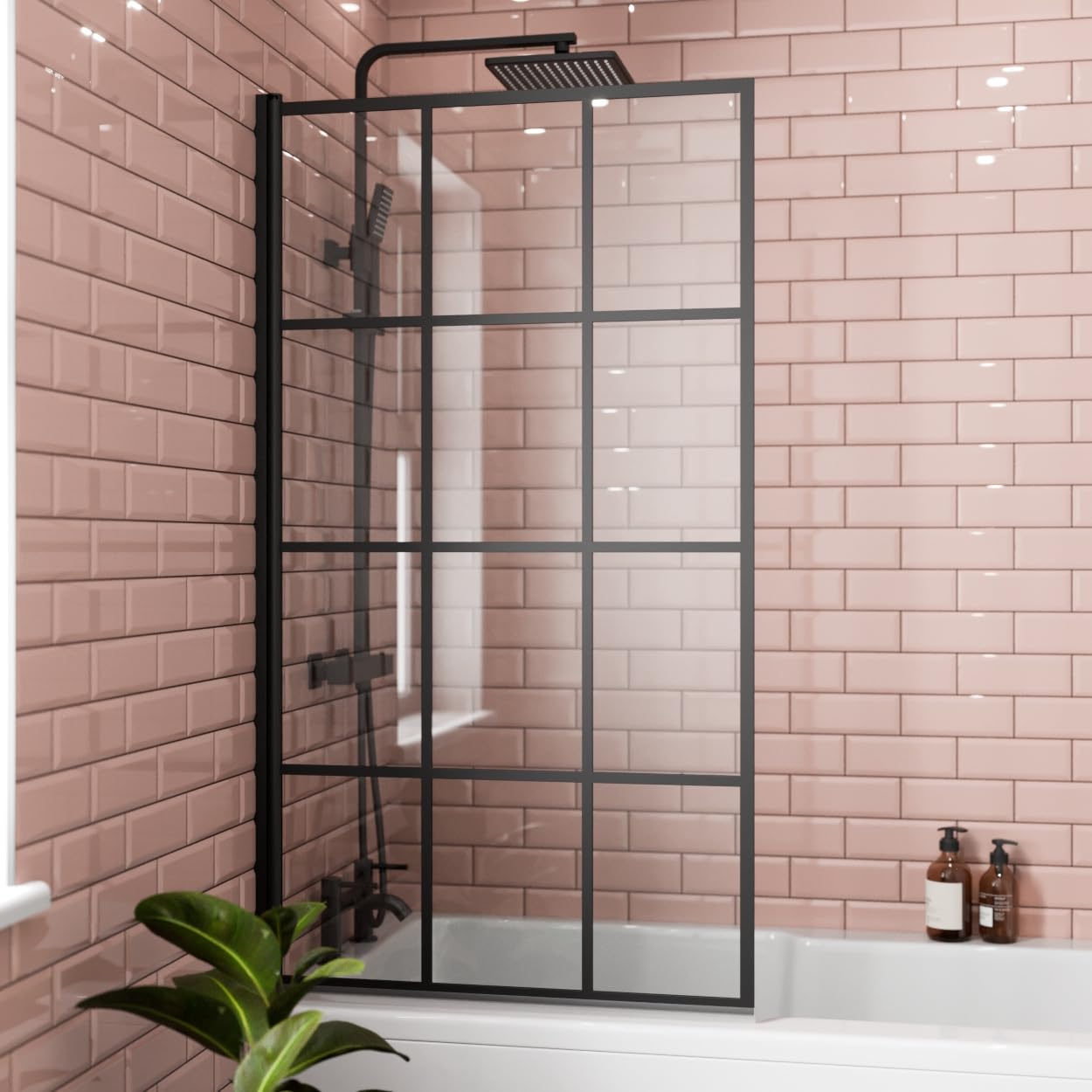 LUXURA® 1400 x 800mm Black Square Grid Over Bath Shower Screen Door 6mm ...