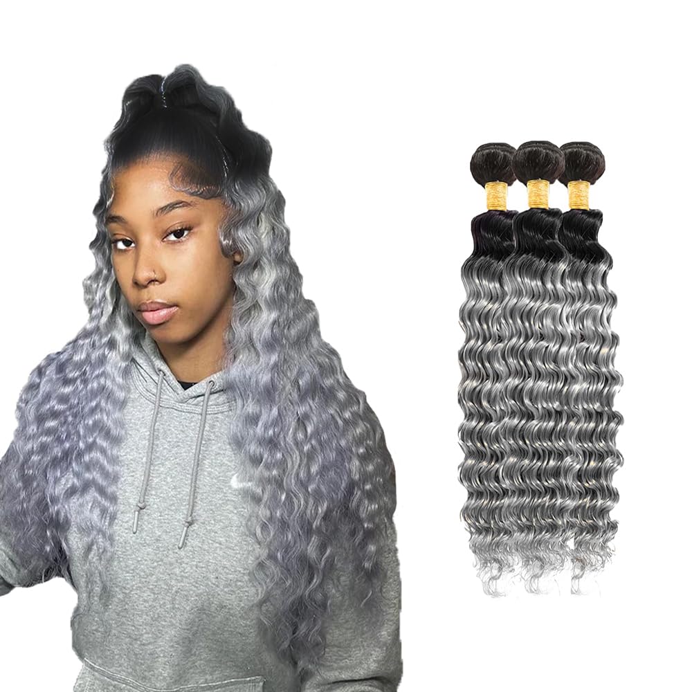 Amazon.com : 26 28 30 Inch Grey Bundles Human Hair Ombre Deep Wave ...