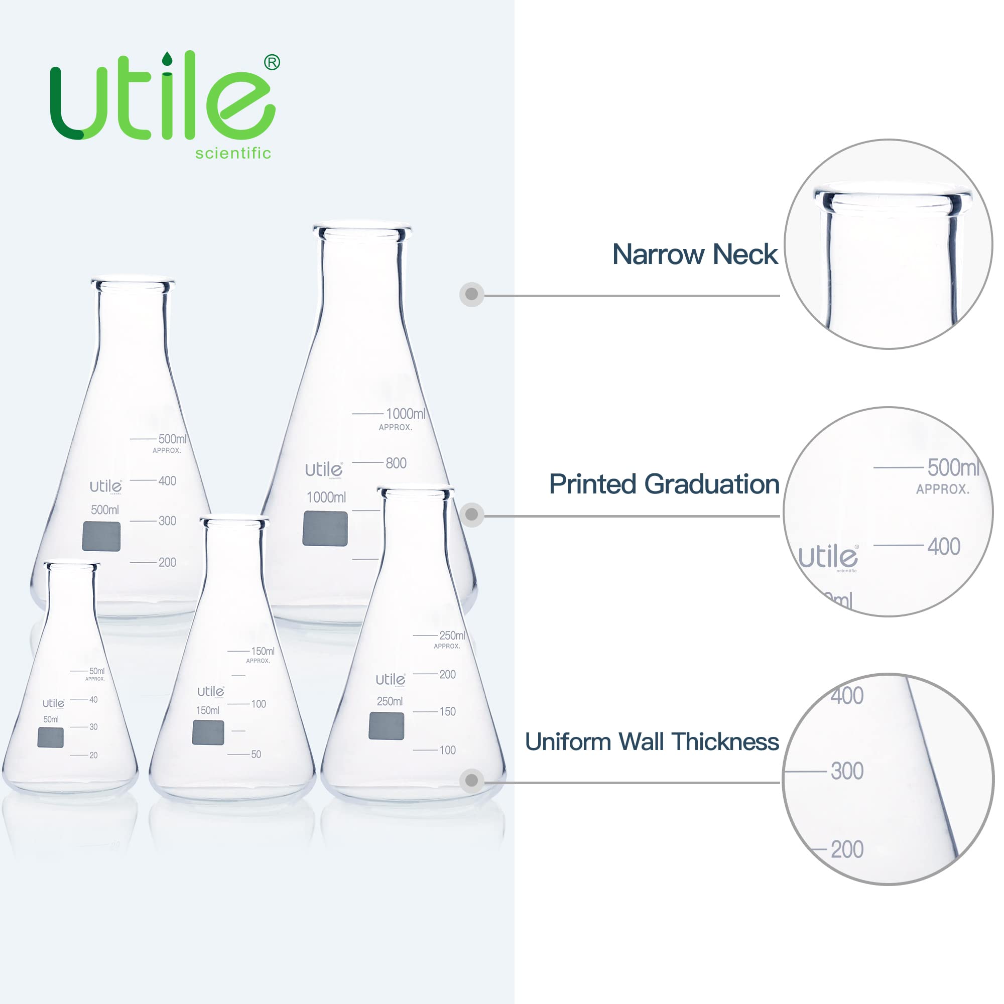 Utile Erlenmeyer Flasks, 5 Size of Narrow Mouth Conical Flask ...