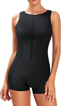 Amazon.com: Tempt Me Women Black One Piece Boyleg Swimsuit Zip Up ...