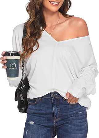 DEESHA Womens Off The Shoulder Casual Pullover Tops V Neck Batwing Long ...