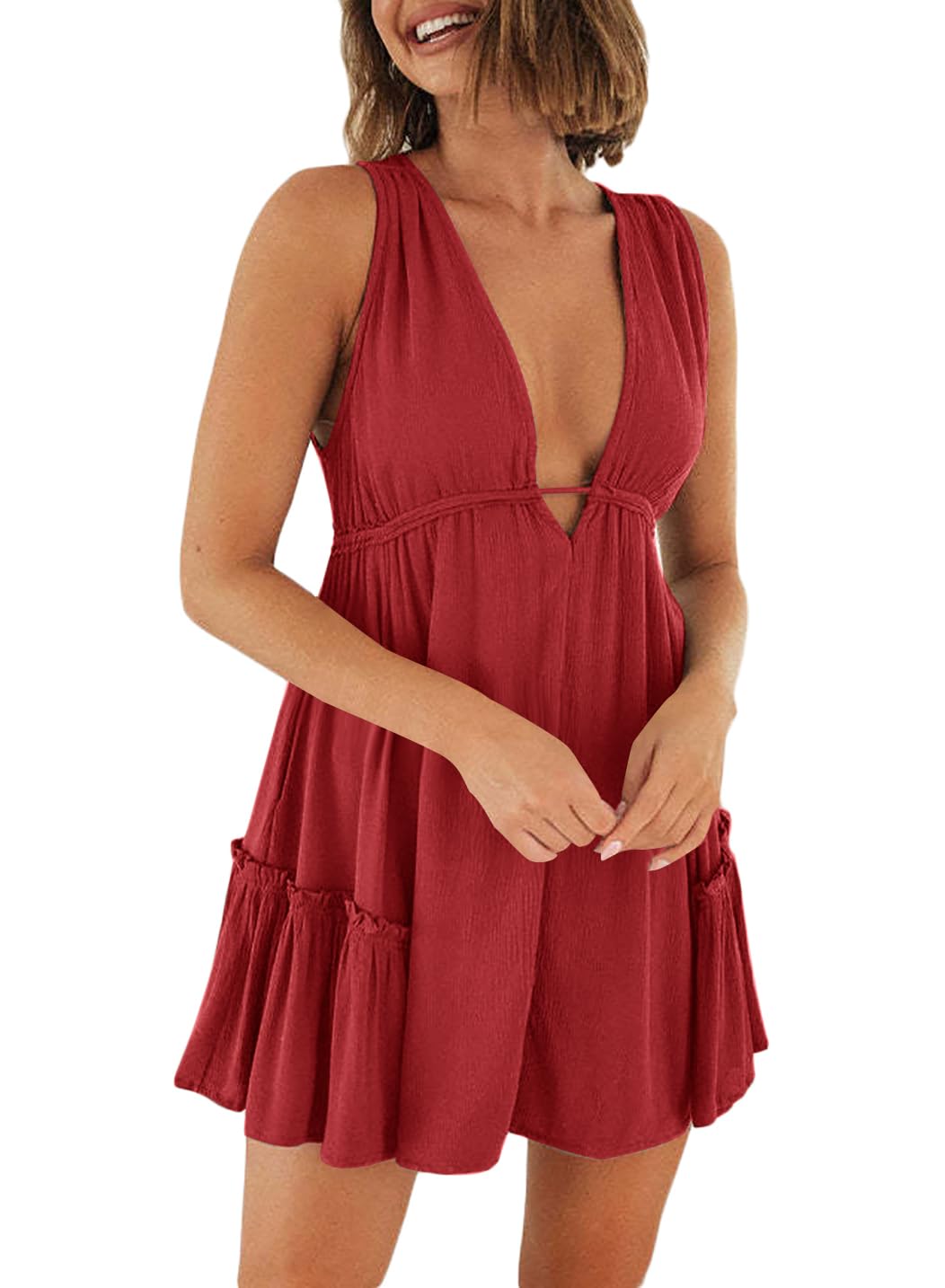Women's Plunging V Neck Ruffle Sleeveless Tie Back Sexy Mini Dress X ...