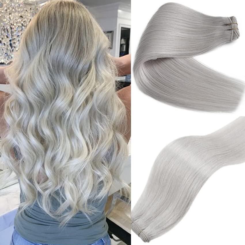 Amazon.com : 24Inch Silver Grey Human Hair Bundles 120Gram 100% Brazilian Silky Straight Sew in ...