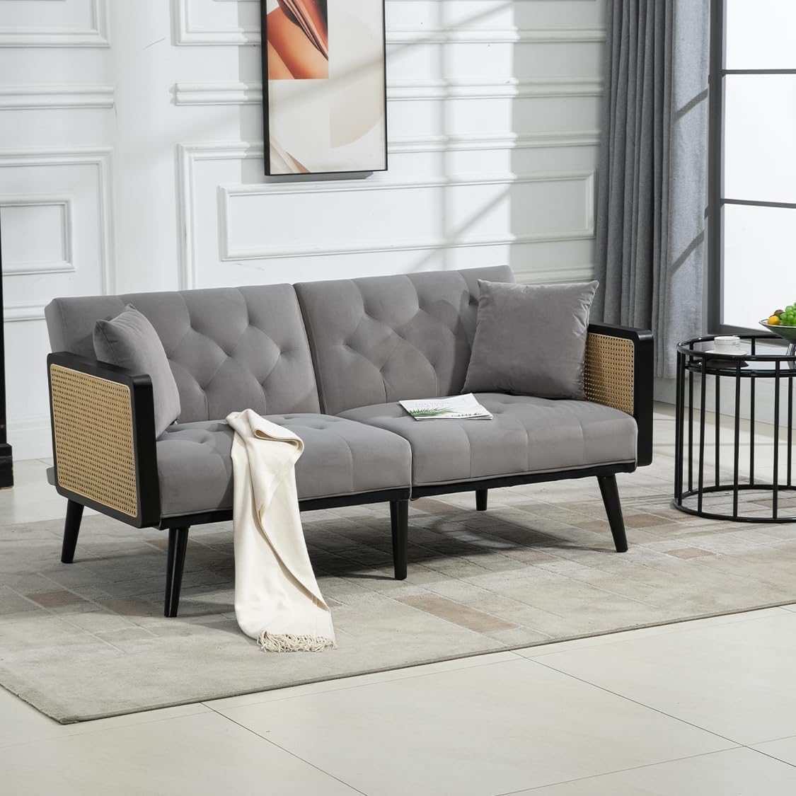 Amazon.com: Lin-Utrend Velvet Loveseat Sofa with Rattan Armrest,61 ...