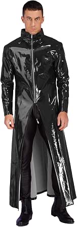 Hedmy Men's Shiny Metallic High Neck Zipper Trench Coat Long Length ...