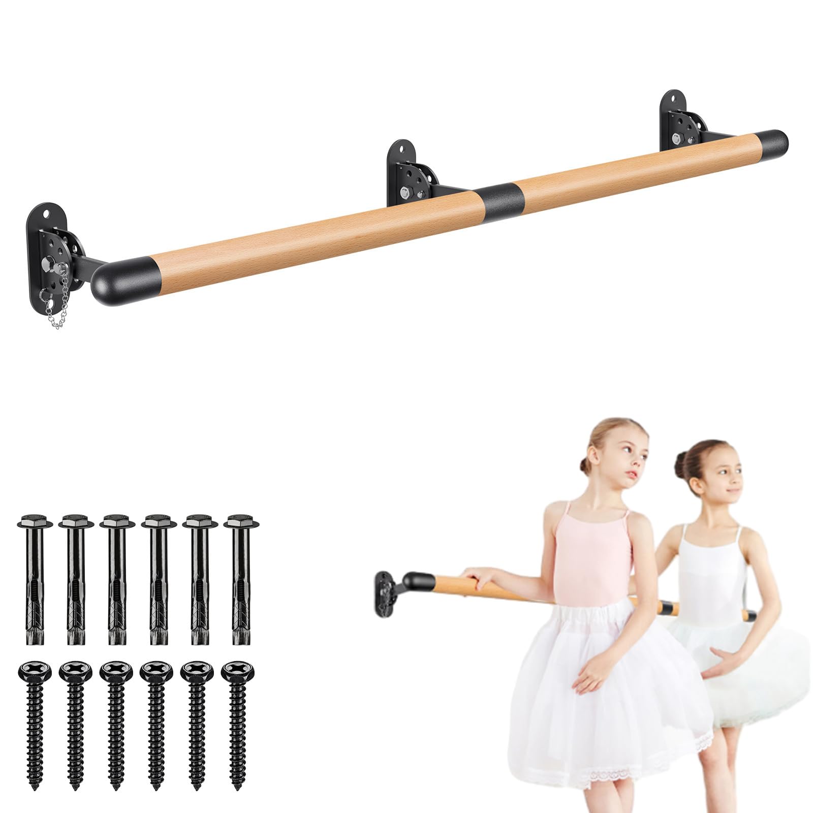 Snapklik.com : BeneLabel 67" (5.58 Ft) Wall Mount Ballet Barre Solid Wood Dance Bar