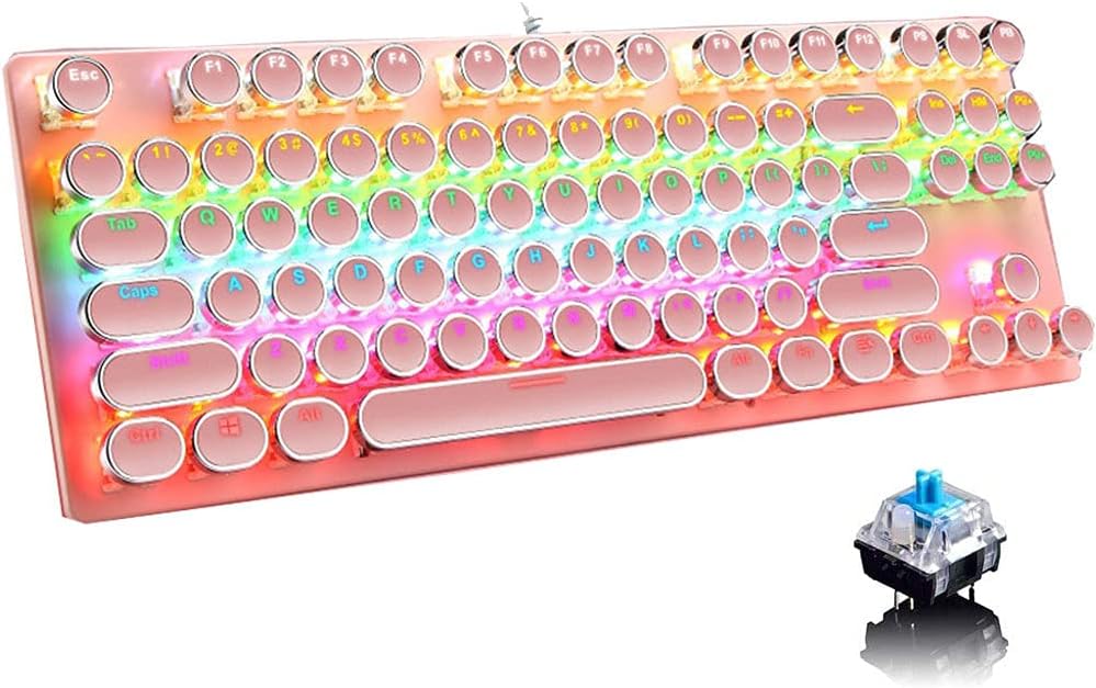 Mechanical Gaming Pink Keyboard,87 Key Retro Punk Typewriter-Style,Blue ...