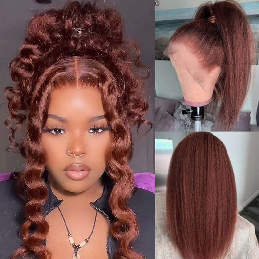 Amazon.com : Nadula #33B Reddish Brown Kinky Straight Lace Frontal ...
