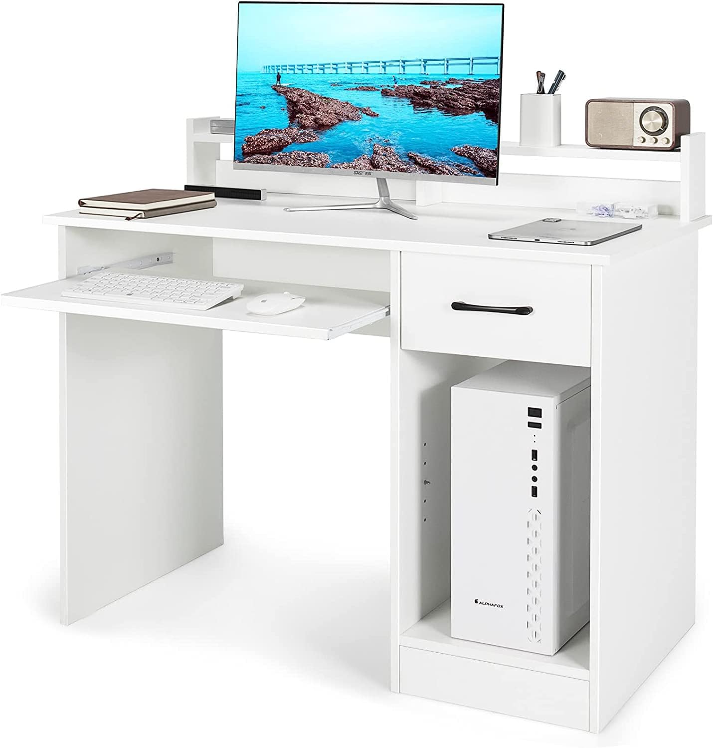 Amazon.com: Tangkula White Computer Desk with Keyboard Tray & Drawer ...