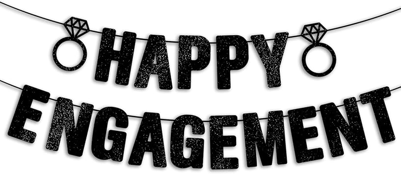 Amazon.com: JunyRuny Pre-Strung Happy Engagement Banner - Black Glitter ...