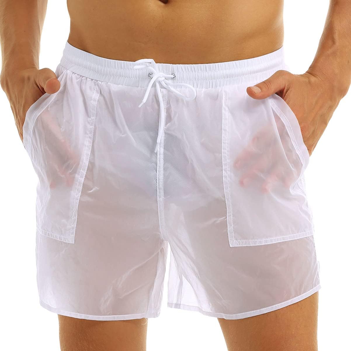 JEEYJOO Men's Sheer Mesh Openwork Boxers Briefs Drawstring Swim Trunks ...