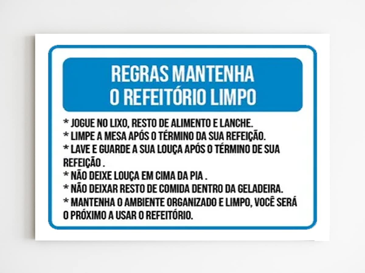Placa de sinalização regras mantenha refeitório limpo 20x29 | Amazon.com.br
