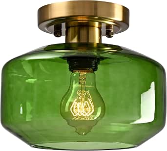 JEENKAE Vintage Semi Flush Mount Ceiling Light with Open Green Glass ...