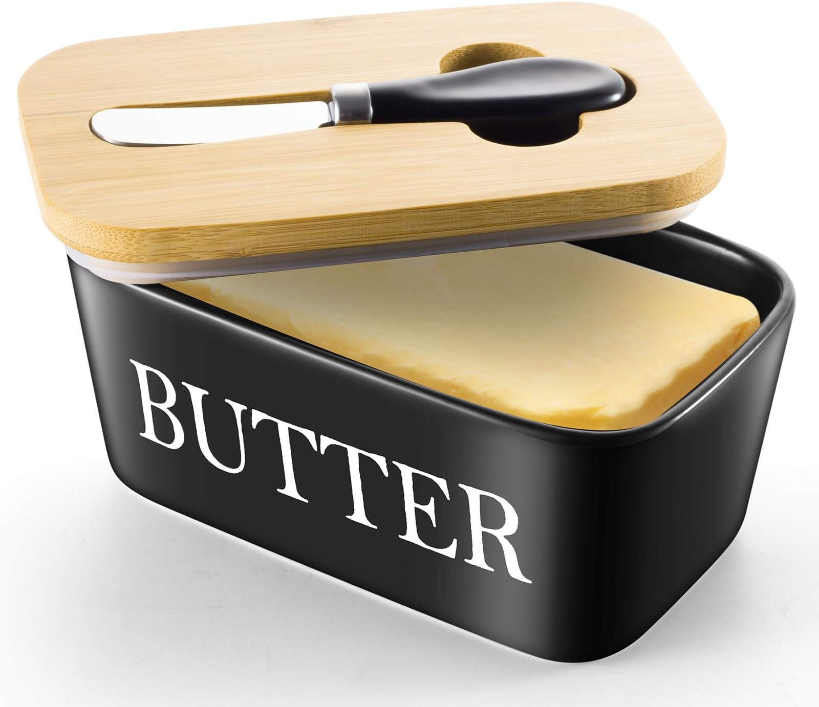 NEOPOO Butter Dish with Bamboo Lid and Knife Made of Ceramic Butter ...