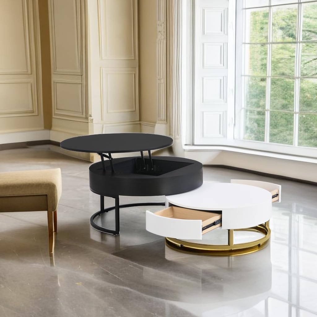 Amazon.com: WINWOL Round Swivel Coffee Table with Dual Drawers and Faux ...