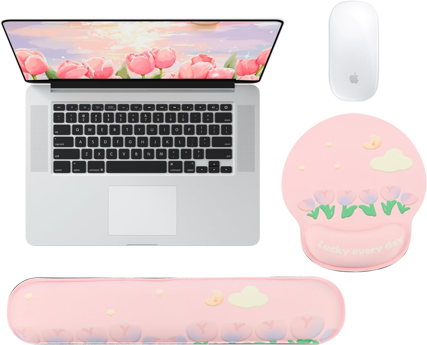 Amazon.com : JOLINTAL Pink Mouse Pad with Wrist Rest Tulips Keyboard ...