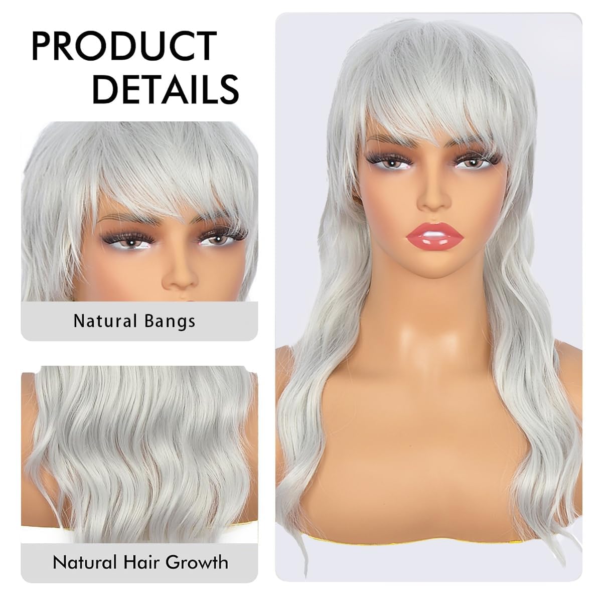 Sabosi Long Grey Mullet Wig for Women with Bangs 90s 80s Wigs Natural Looking Synthetic Wig With ...