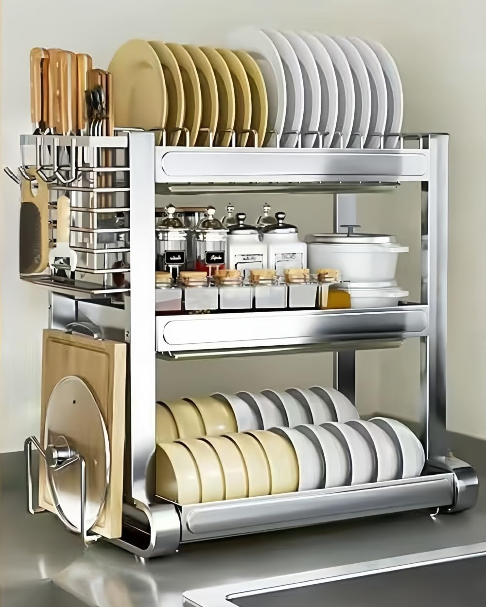 Amazon｜304ステンレス製 水切りラック 2/3段式 食器 水切りかご ディッシュラック 水切りかご キッチン収納ラック 大容量 包丁スタンド まな板ラック 箸立て付き 滑り止め ...