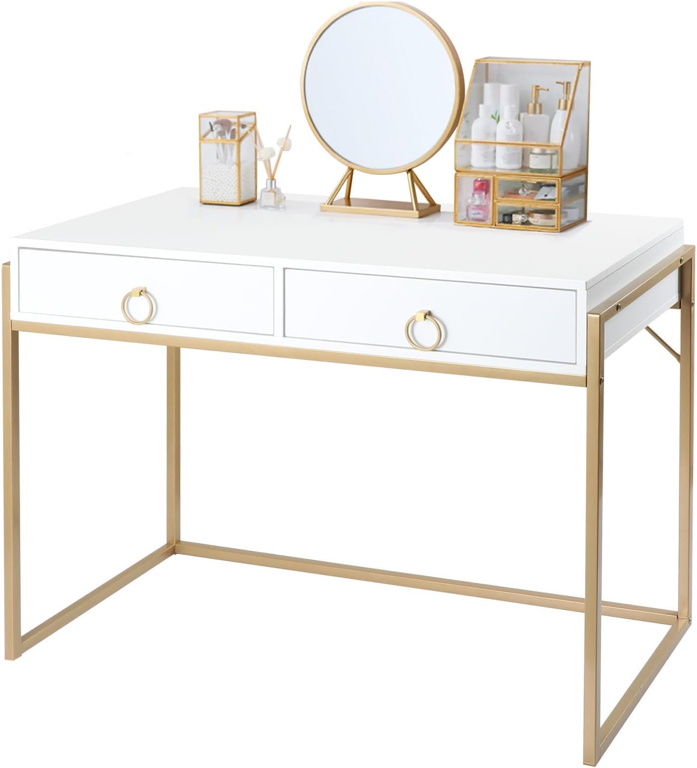 Amazon.com: Komamba White and Gold Desk with 2 Drawers, 39 inch Modern ...