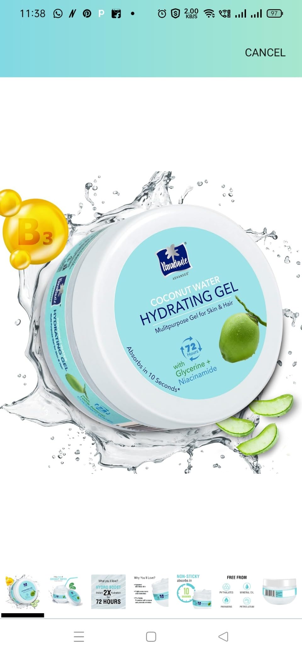 Parachute Advansed Coconut Water Hydrating Gel Niacinamide & Glycerine ...