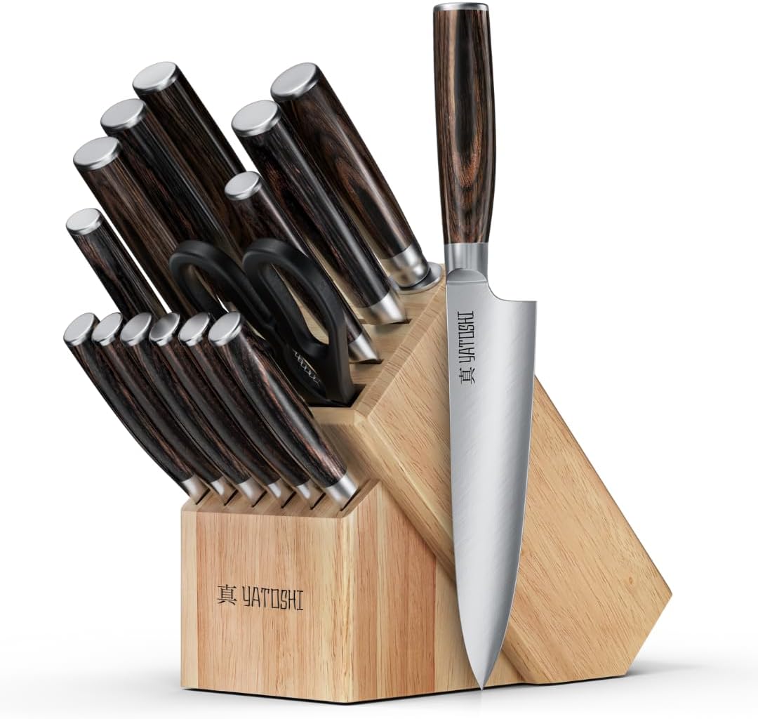 Amazon.com: Knife Set with Block - 15 Pieces Kitchen Knife Set with ...