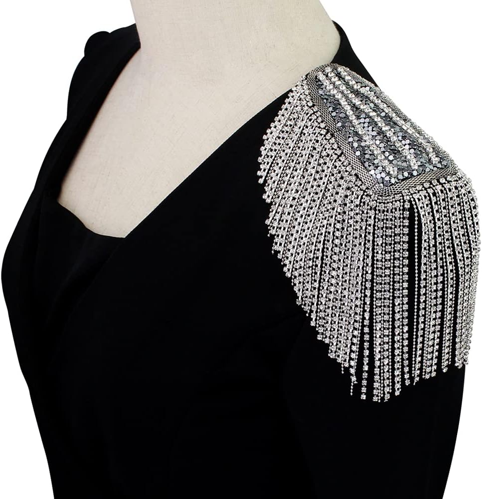 Amazon.com: 2pc Silver Tassel Bead Rhinestone Epaulette for Clothes ...