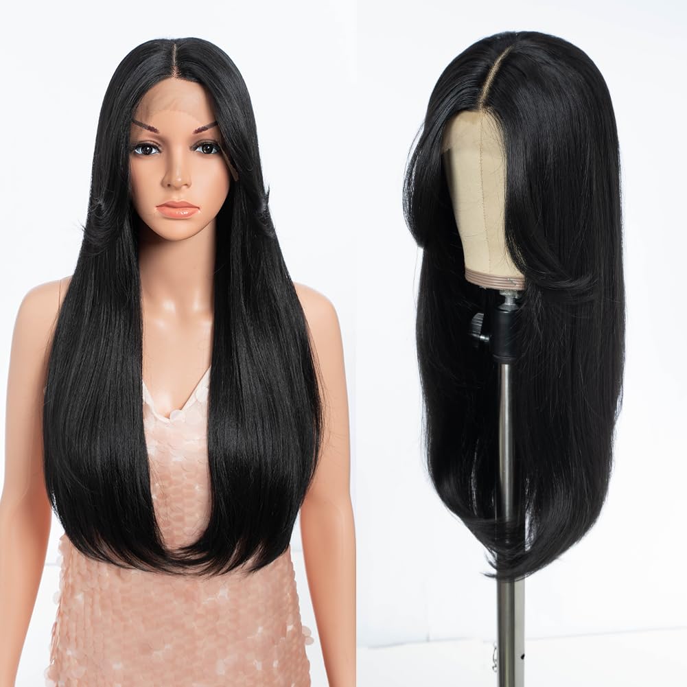Style Icon Long Straight Layered Wig with Curtain Bangs Synthetic Lace ...