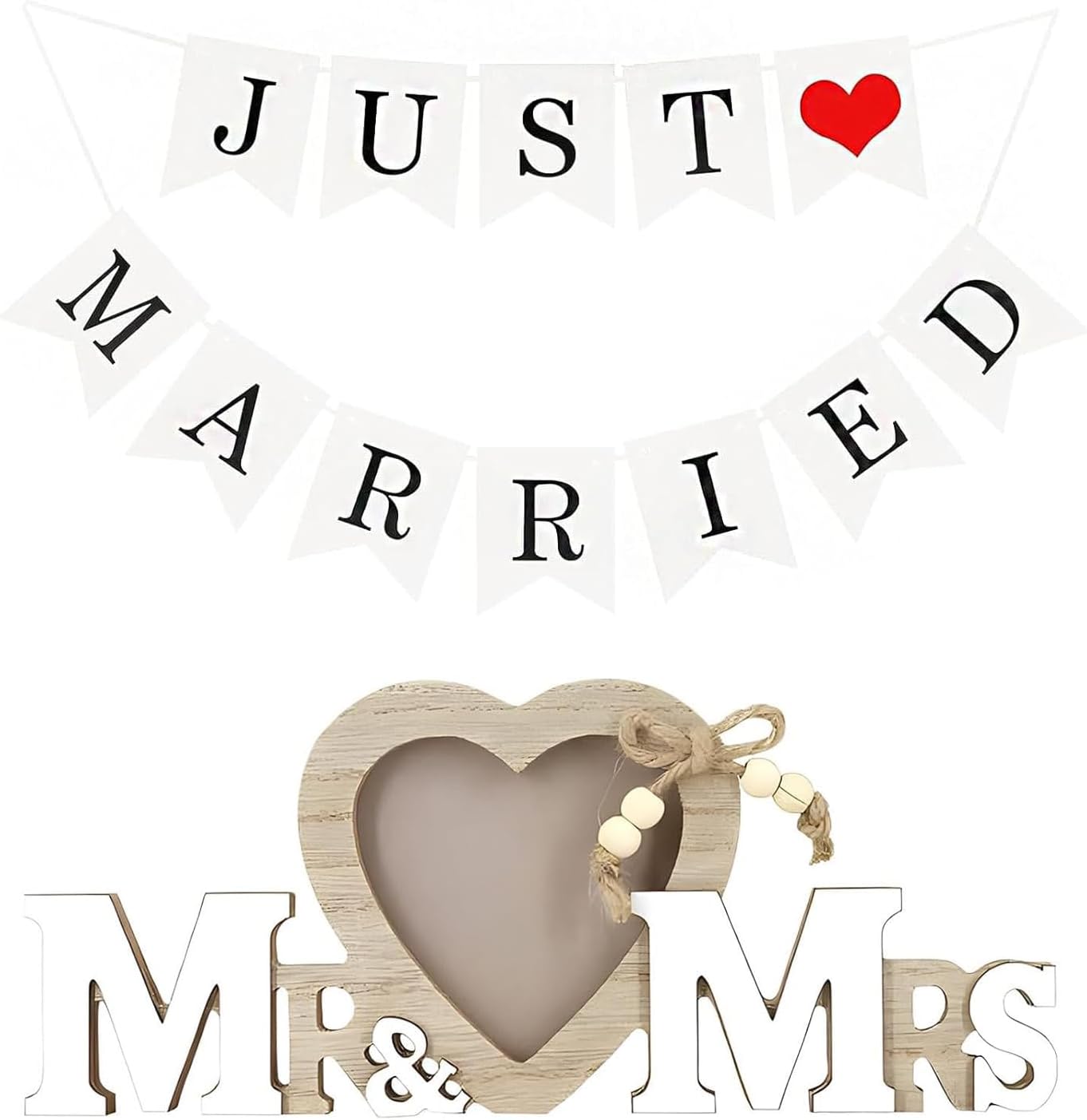 2 Wedding Decorations, 'Just Married' Banner, Mr & Mrs Picture Frame ...