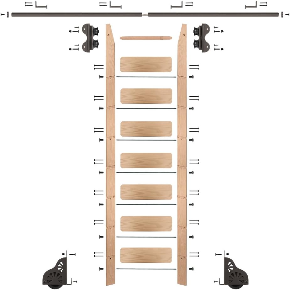 QG Rolling Ladder Kit with 8' Red Oak Ladder and 8' of Railing ...