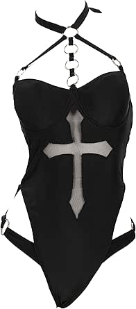 MEOWCOS Gothic Black Swimsuit Halter Cross Pattern Cutout Bodysuit ...