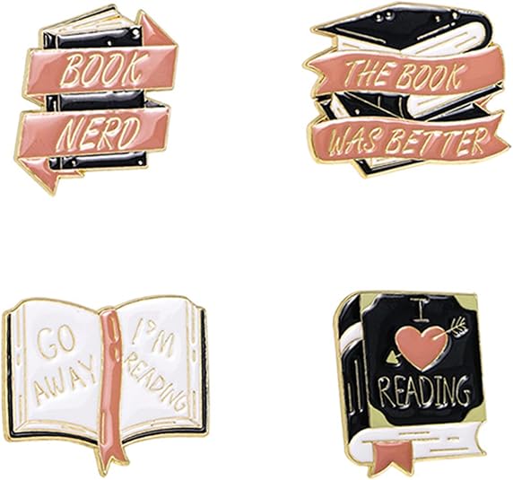 Amazon.com: 4 Pieces Book Pins Cartoon Books Enamel Pins Book Lovers ...