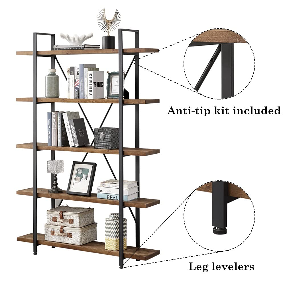 IBF Solid Wood 5 Shelf Bookcase Modern, 5 Tier Bookshelf, Rustic ...