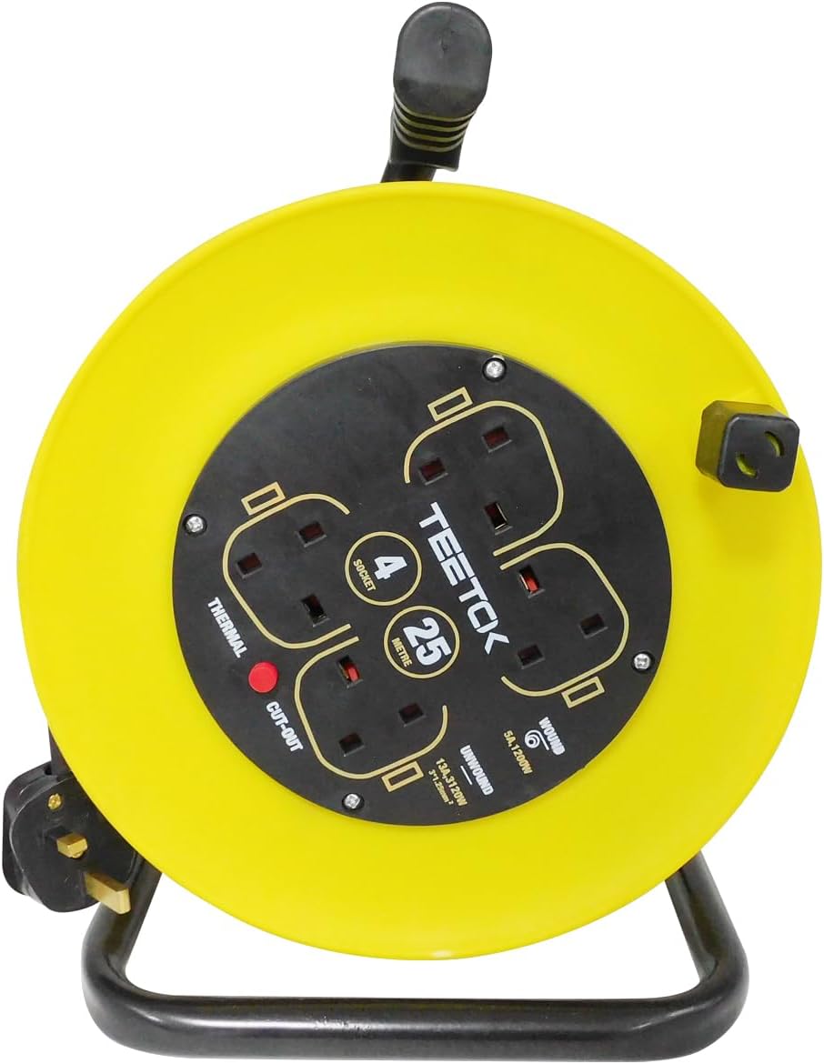 Extension Lead 25m Heavy Duty Cable Reel, 4 Socket Cord Reel UK Plug ...