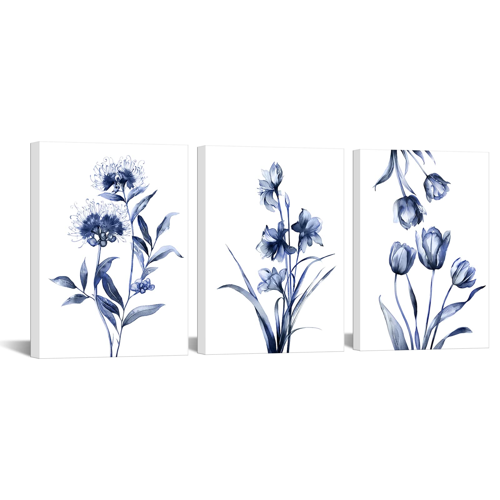 Amazon.com: iKNOW FOTO Blue Flower Canvas Wall Art 3 Piece Botanical ...